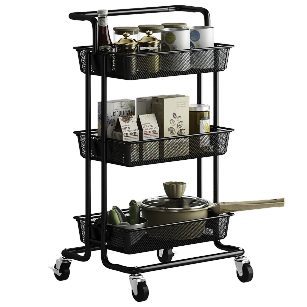 Pusdon 3-Tier Rolling Utility Cart, Metal Mesh Trolley Service Cart wi