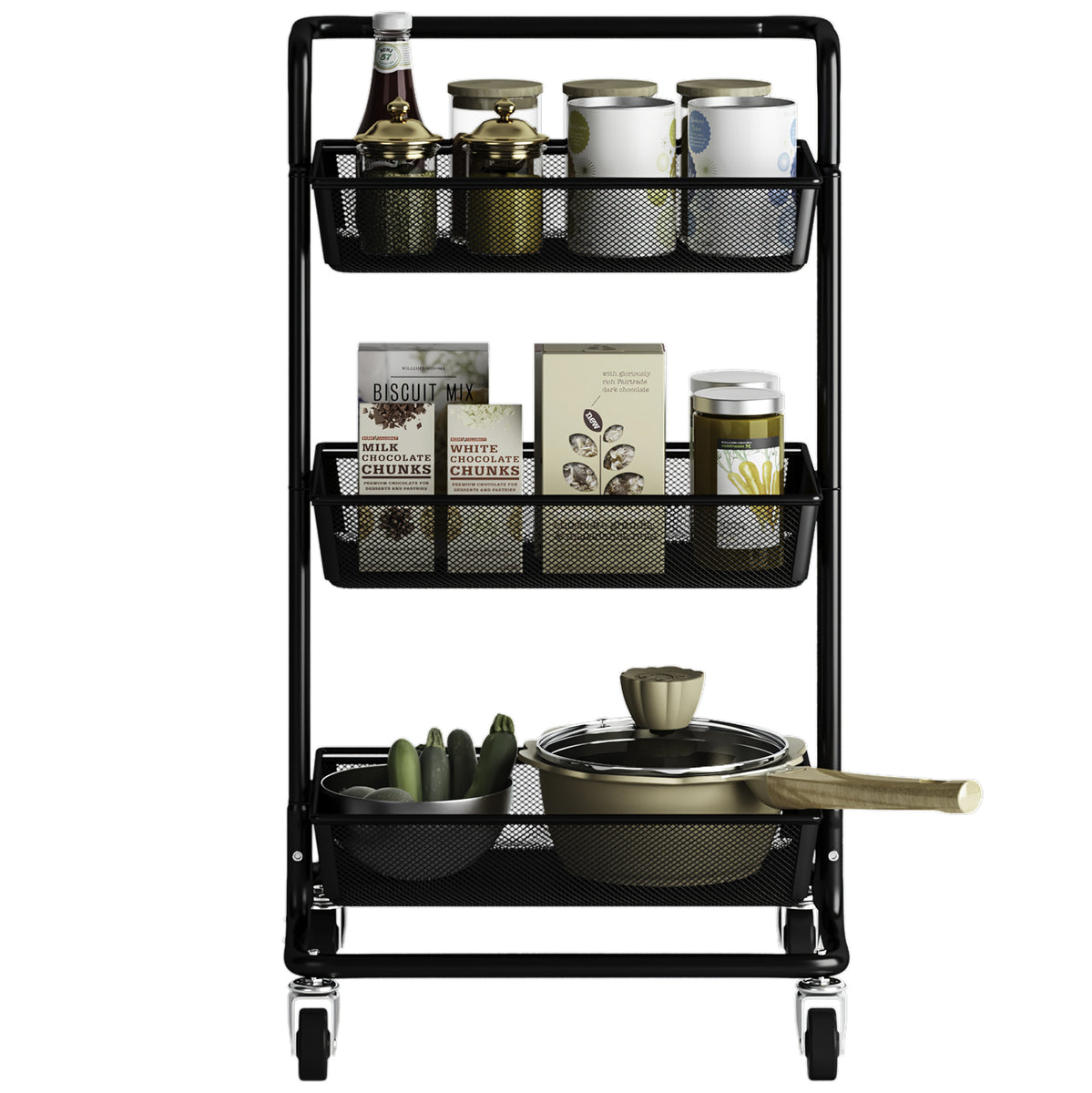Pusdon 3-Tier Rolling Utility Cart, Metal Mesh Trolley Service Cart wi