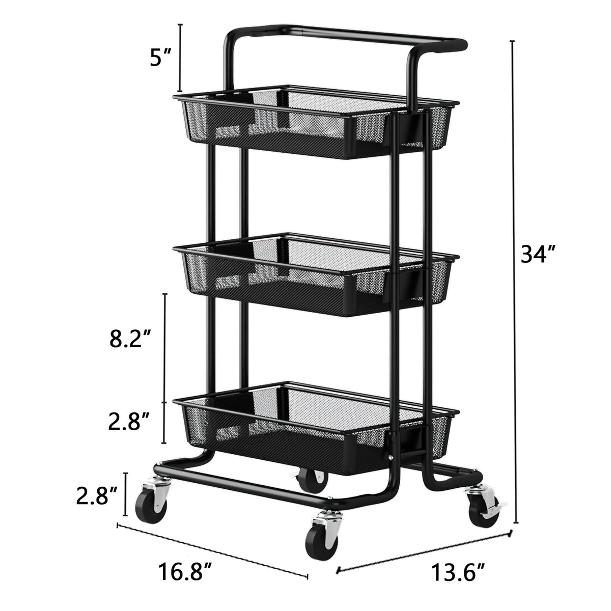 Pusdon 3-Tier Rolling Utility Cart, Metal Mesh Trolley Service Cart wi